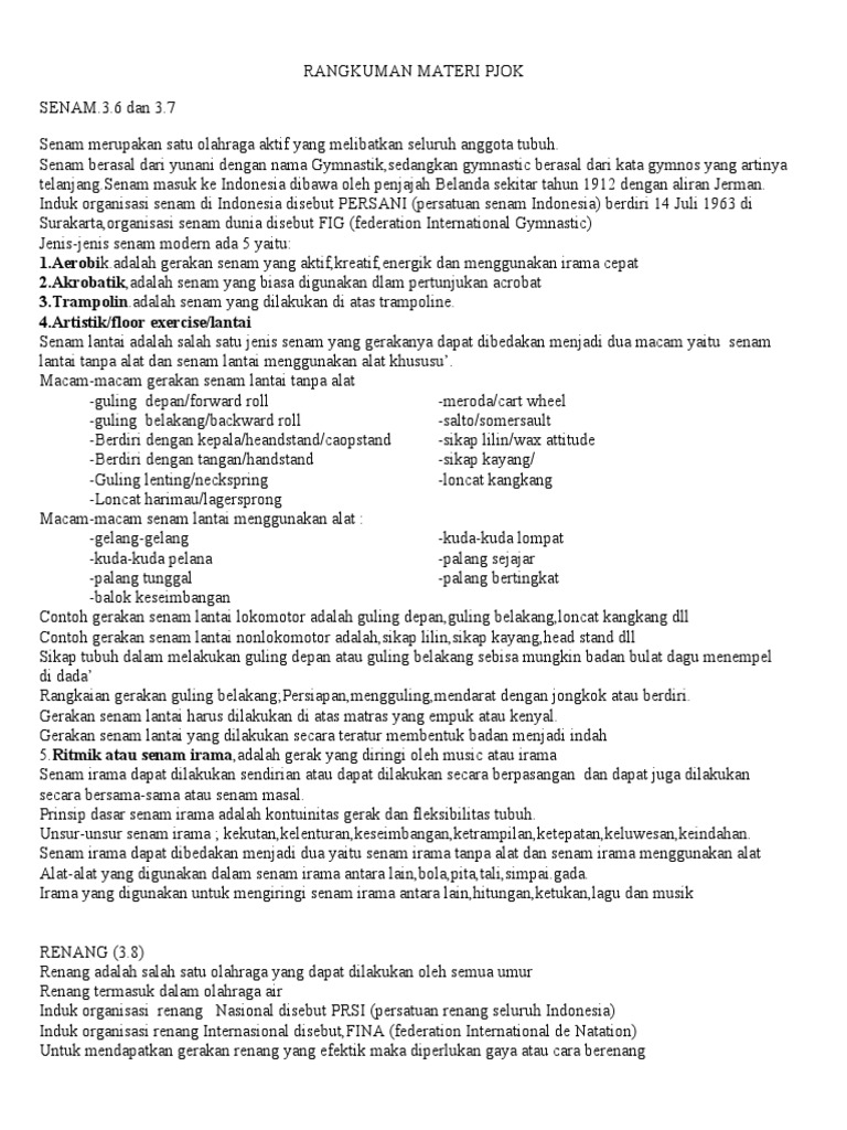 Rangkuman Materi Senam dan Renang PJOK | PDF