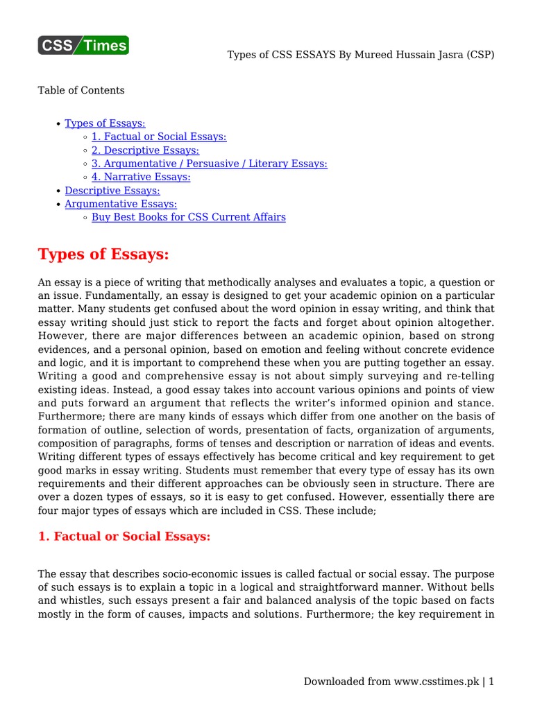 Types of CSS ESSAYS by Mureed Hussain Jasra (CSP) PDF | PDF | Opinion ...