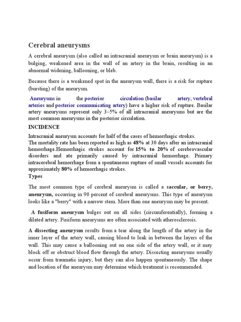 Cerebral Aneurysms: Aneurysms Posterior Circulation Basilar Artery Vertebral Arteries Posterior ...