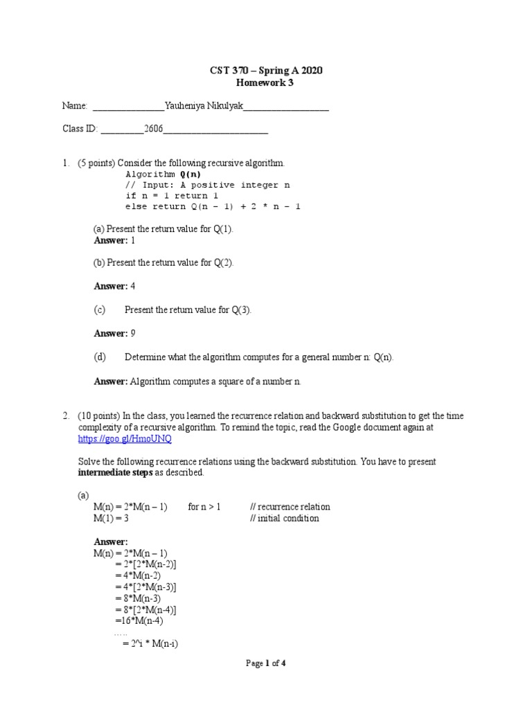 CST 370 - Spring A 2020 Homework 3: Answer: 1 | PDF | Recurrence ...