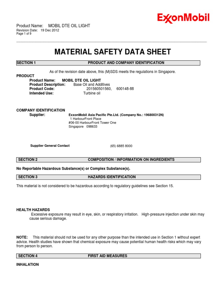 Material Safety Data Sheet: Product Name: Mobil Dte Oil Light | PDF ...
