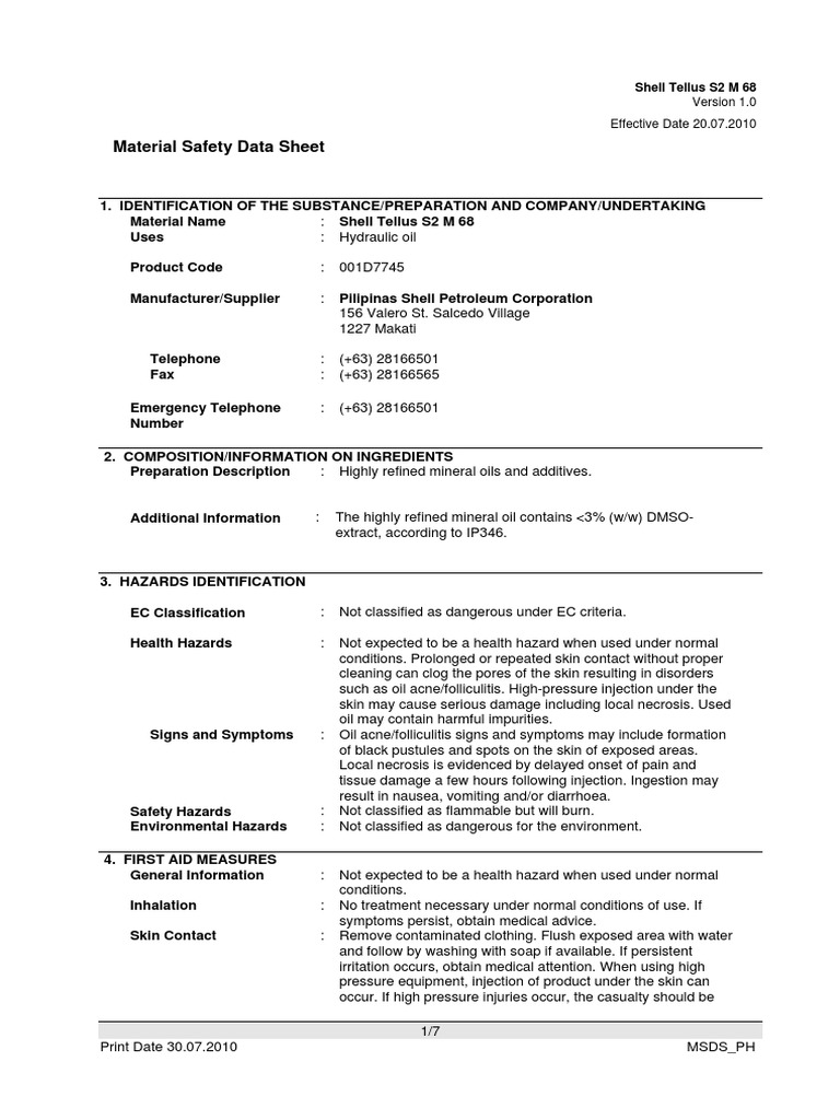 Tellus 68 Msds | PDF | Toxicity | Personal Protective Equipment