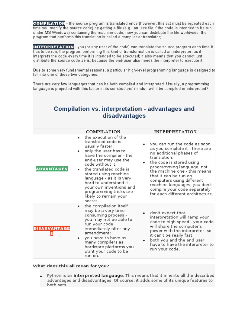Compilation vs. Interpretation - Advantages and Disadvantages | PDF | Computer Program | Programming