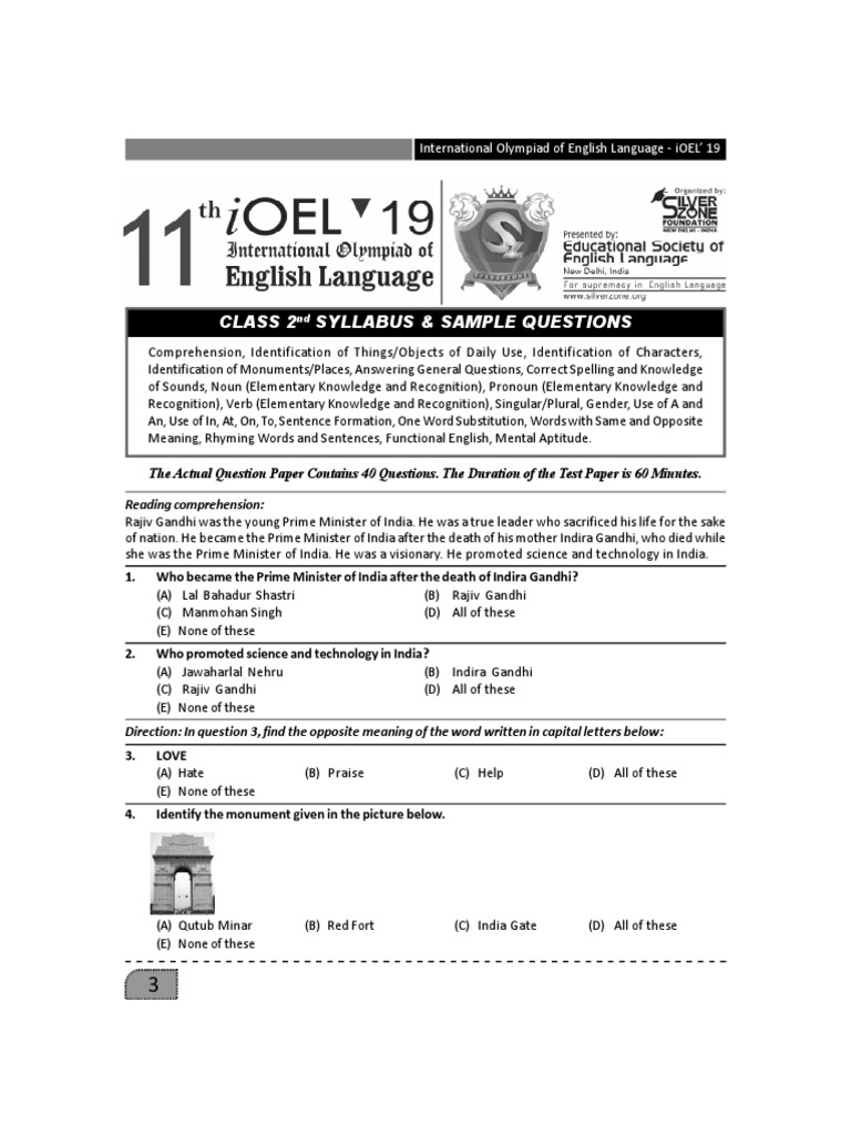 Class 2 Syllabus & Sample Questions: International Olympiad of English ...