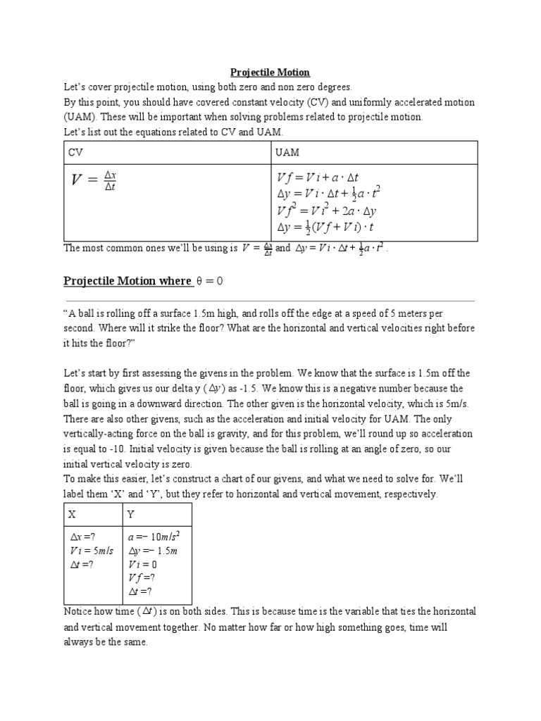 Δ = V · Δ + · t = V + 2 · Δ (Vf Δ = + V · t: Projectile Motion where ...
