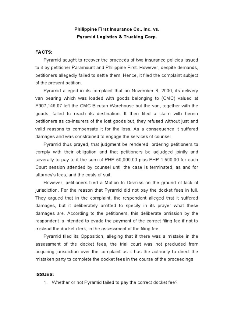 Philippine First Insurance Co vs. Pyramid Logistics Trucking | PDF ...