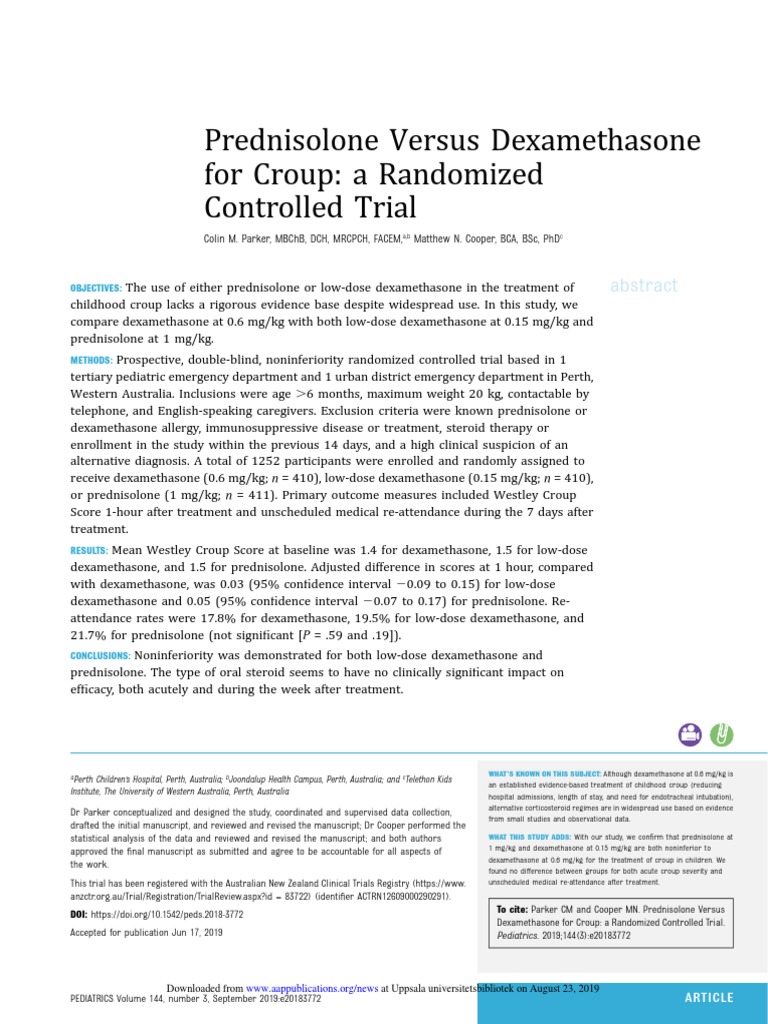 Prednisolone Versus Dexamethasone For Croup: A Randomized Controlled ...