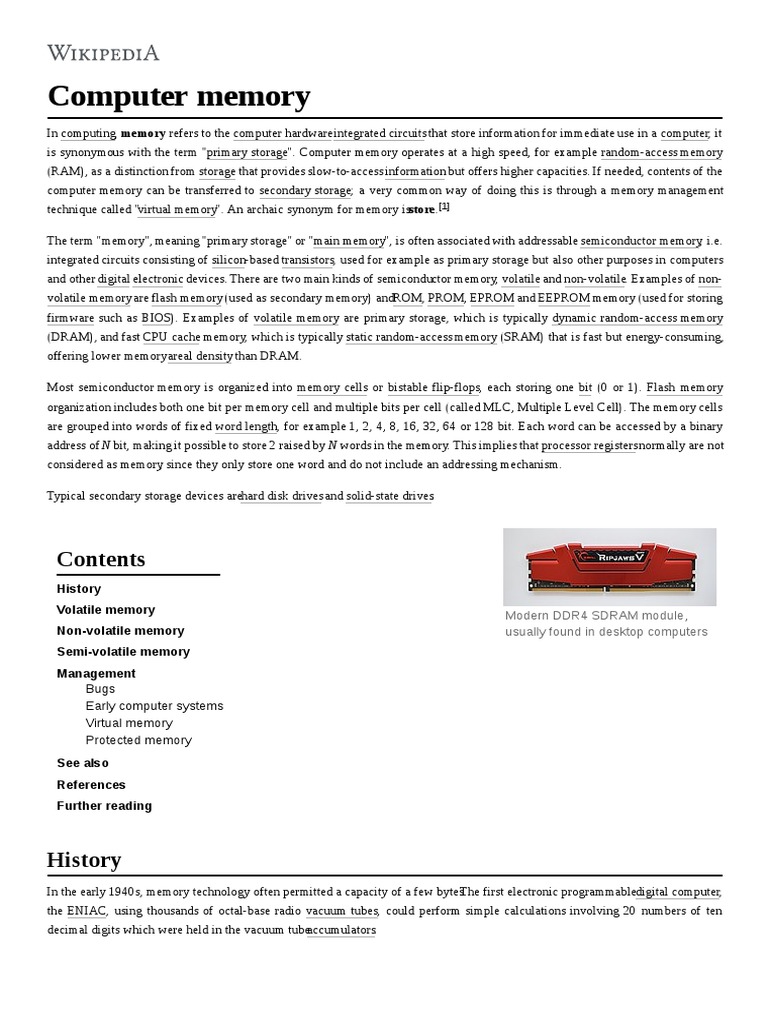 Computer Memory: History Volatile Memory Non-Volatile Memory Semi ...