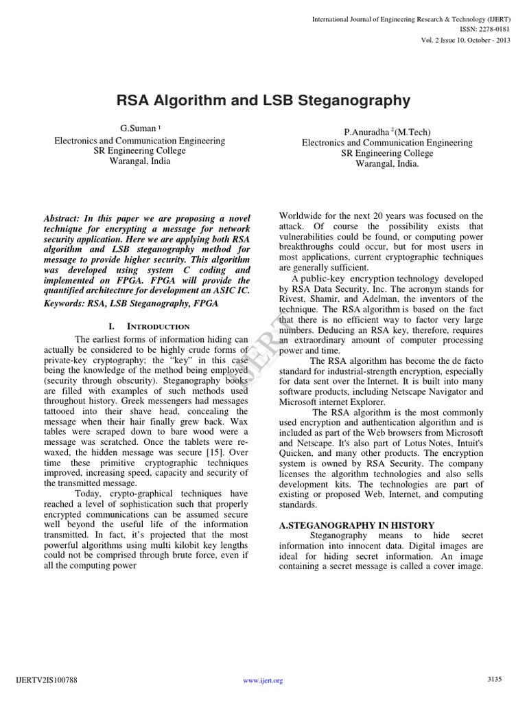 Rsa Algorithm and LSB Steganography IJERTV2IS100788 | PDF | Cryptography | Embedded System