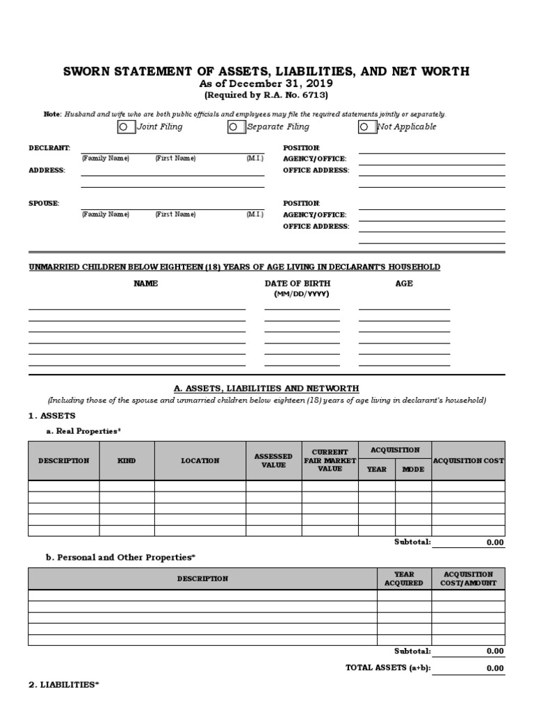 Sworn Statement of Assets, Liabilities, and Net Worth | PDF | Net Worth ...
