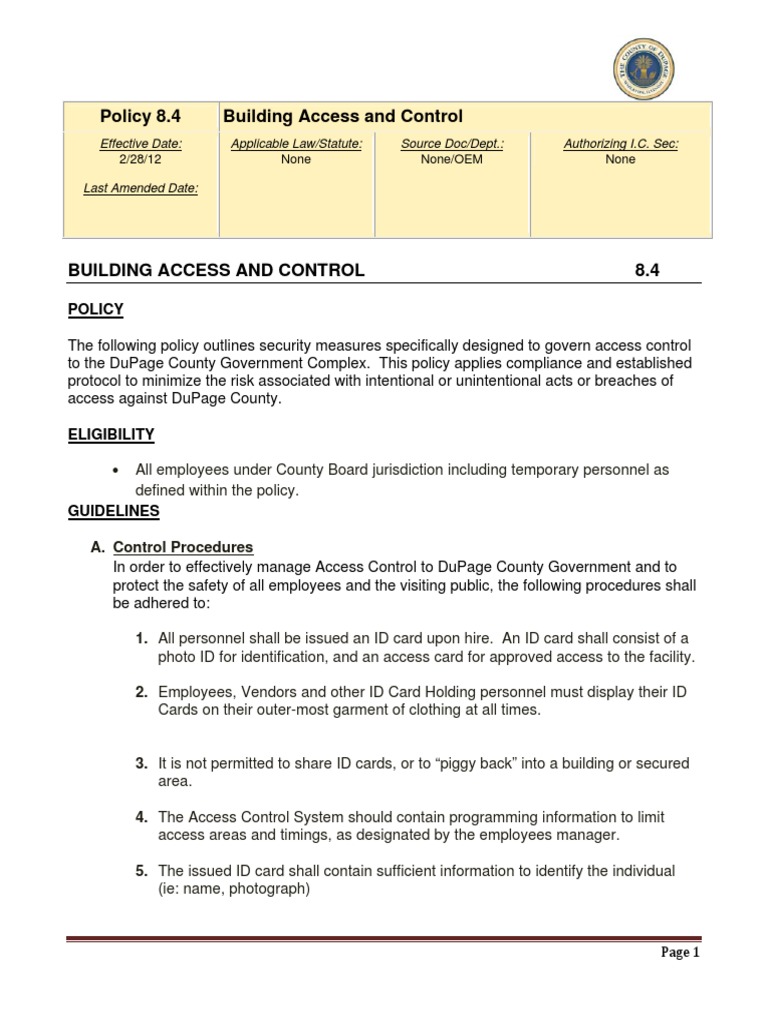 Policy 8.4 Building Access and Control | PDF | Identity Document | Access Control