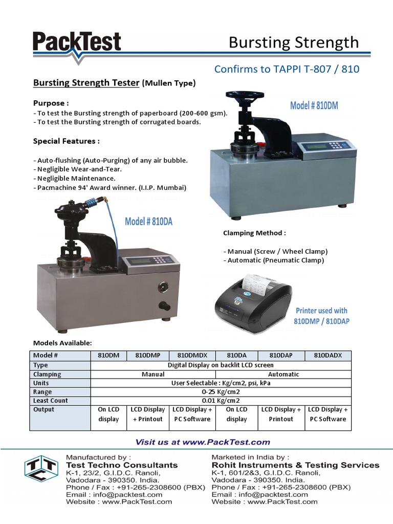 Bursting Strength: Confirms To TAPPI T-807 / 810 | PDF