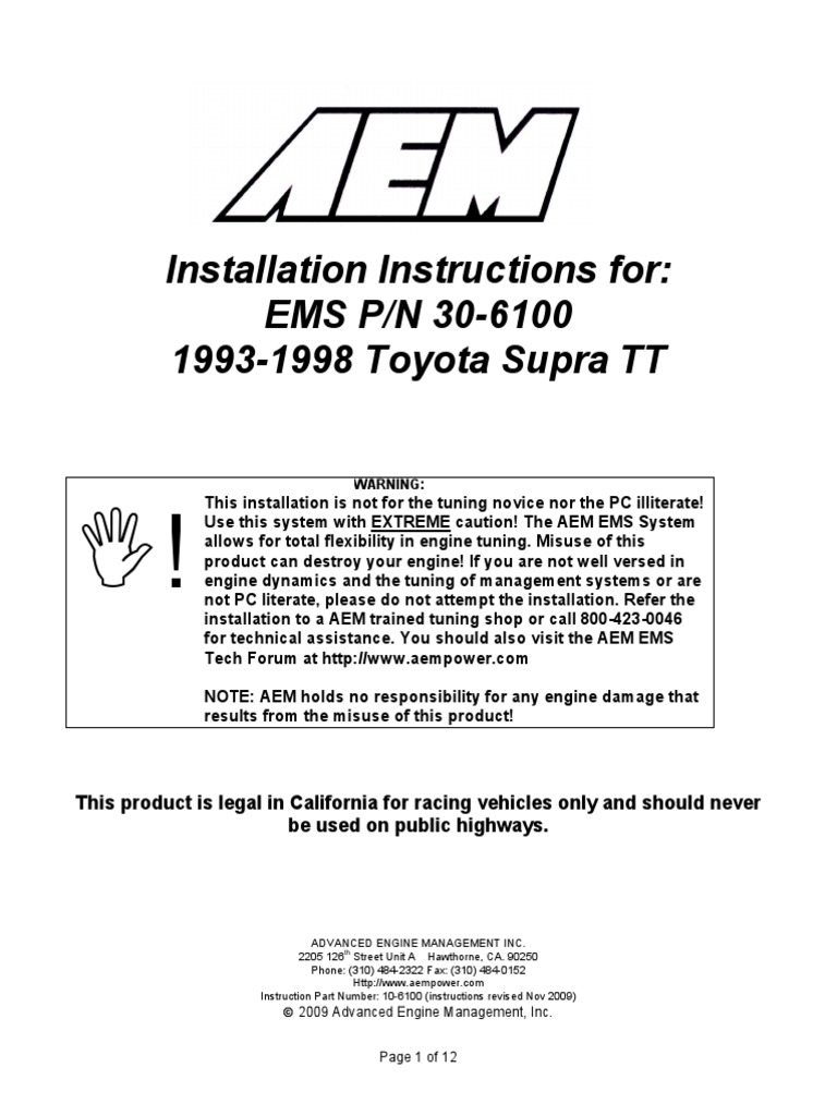 AEM EMS Installation Guide for Toyota Supra | PDF | Transmission ...