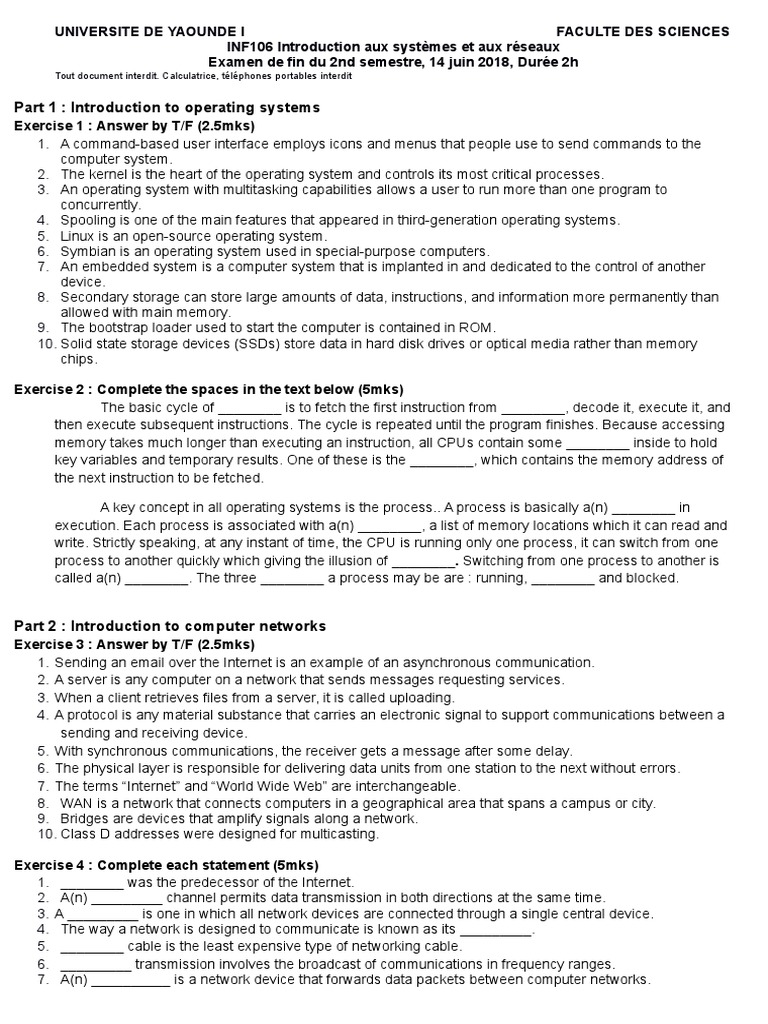 Part 1: Introduction To Operating Systems: Exercise 1: Answer by T/F (2 ...