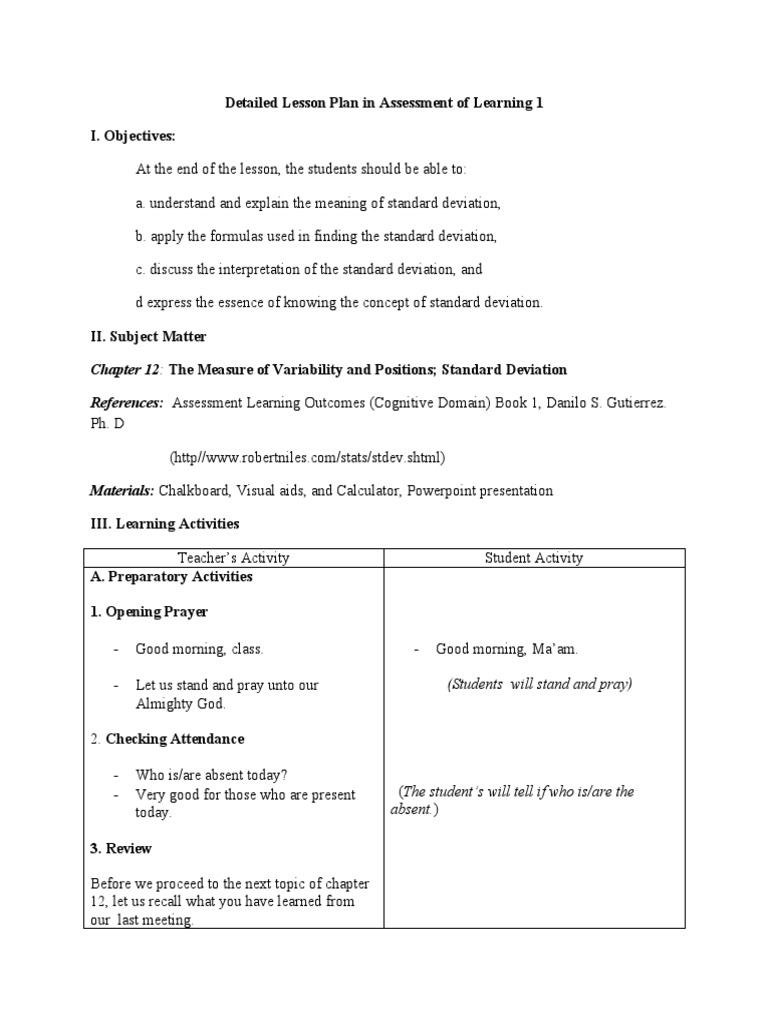 Detailed Lesson Plan | PDF | Standard Deviation | Cognition