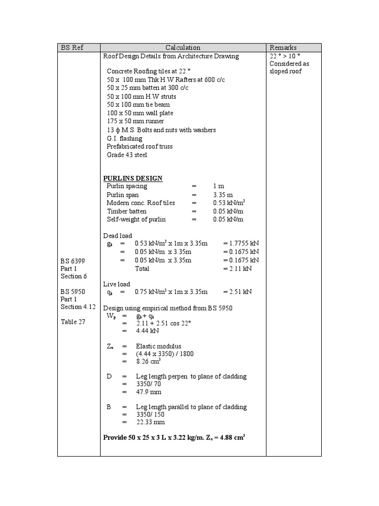BS Ref Calculation Remarks: Purlins Design | PDF | Building Engineering | Structural Engineering