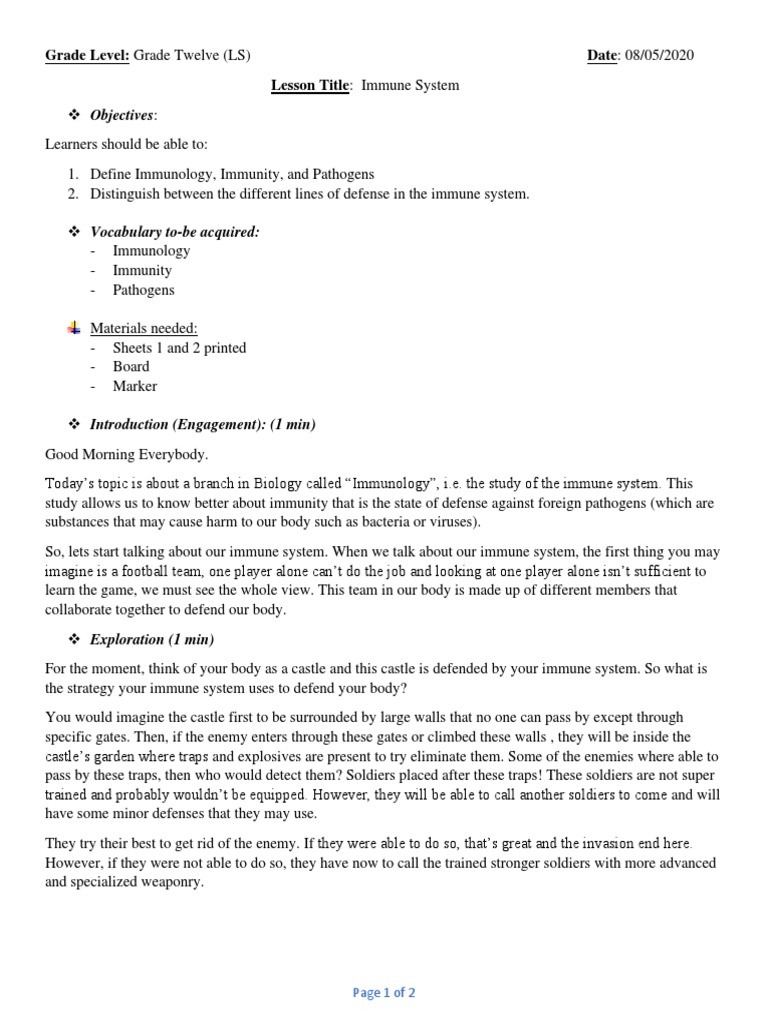 Lesson Plan Immune System | PDF | Immunity (Medical) | Immune System