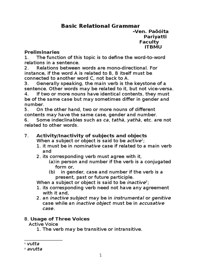 Basic Relational Grammar: - Ven. Paõóita Pariyatti Faculty Itbmu ...
