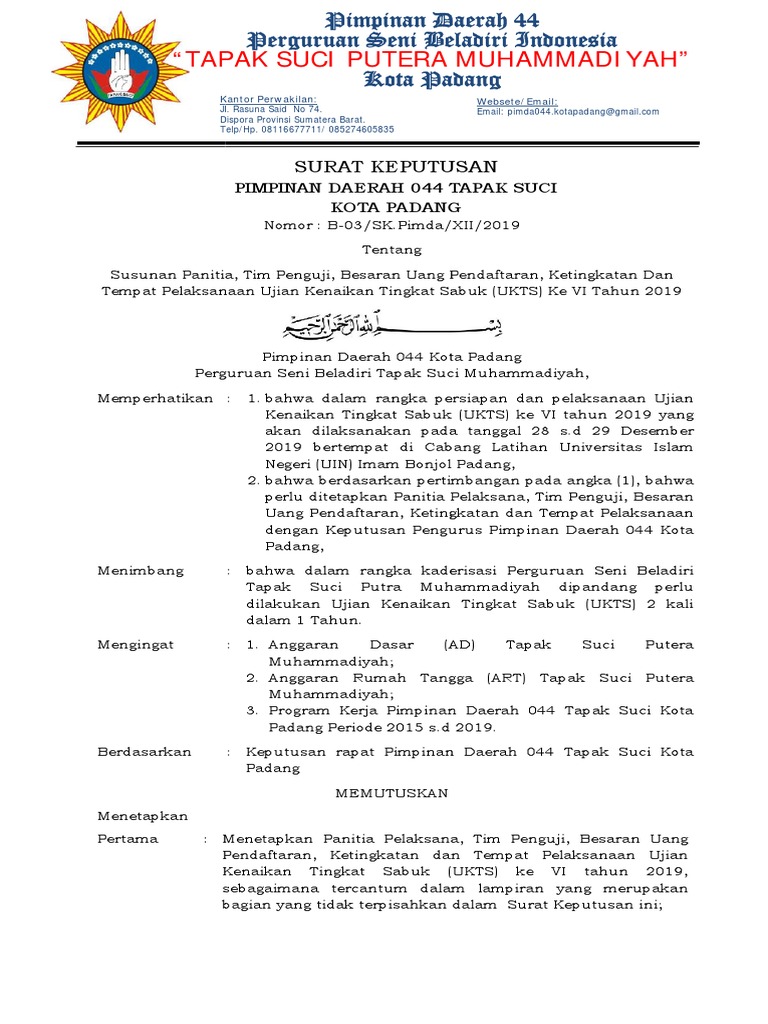 Surat Keputusan Panitia Ukts 2019 Revisi PDF | PDF