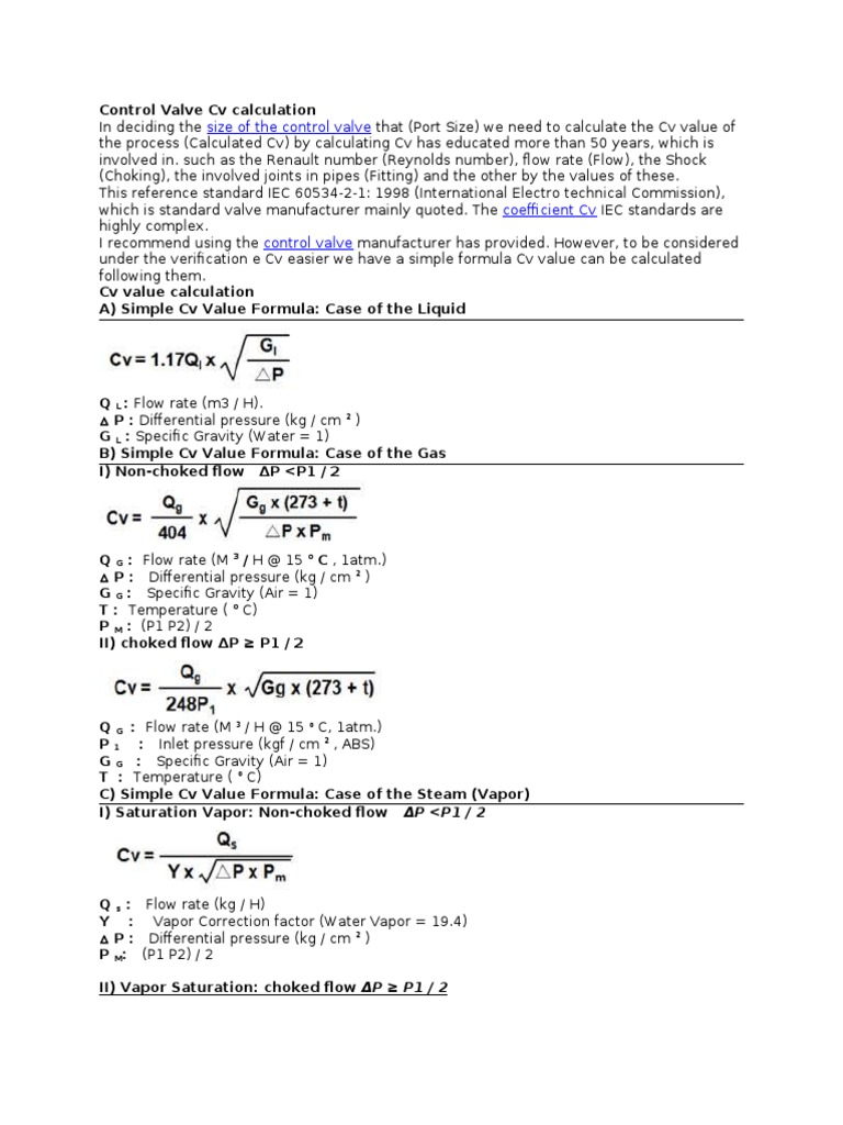 Control Valve CV Formula | PDF | Pressure | Valve
