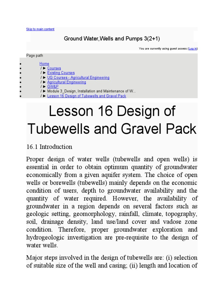 Lesson 16 Design of Tubewells and Gravel Pack: Ground Water, Wells and ...