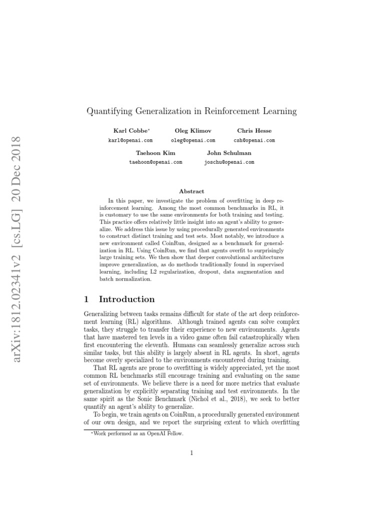 Quantifying Generalization in Reinforcement Learning: Work Performed As ...