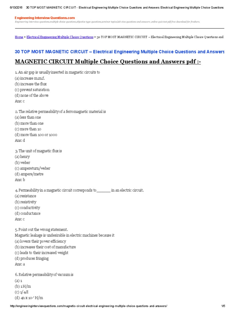 30 TOP MOST MAGNETIC CIRCUIT - Electrical Engineering Multiple Choice ...