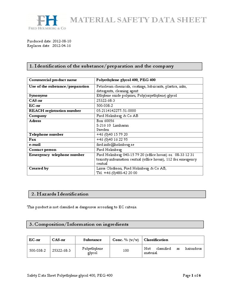 MSDS Peg 400 | PDF | Polyethylene Glycol | Toxicity