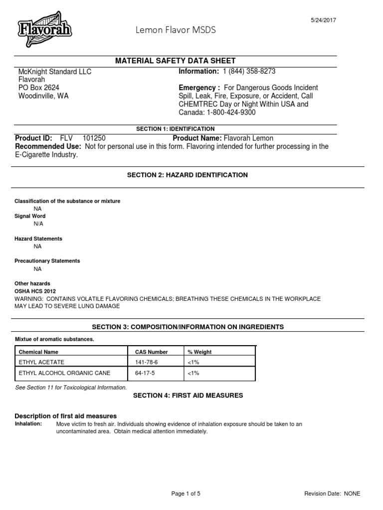 Lemon Flavor MSDS: Material Safety Data Sheet | PDF | Personal Protective Equipment | Firefighting