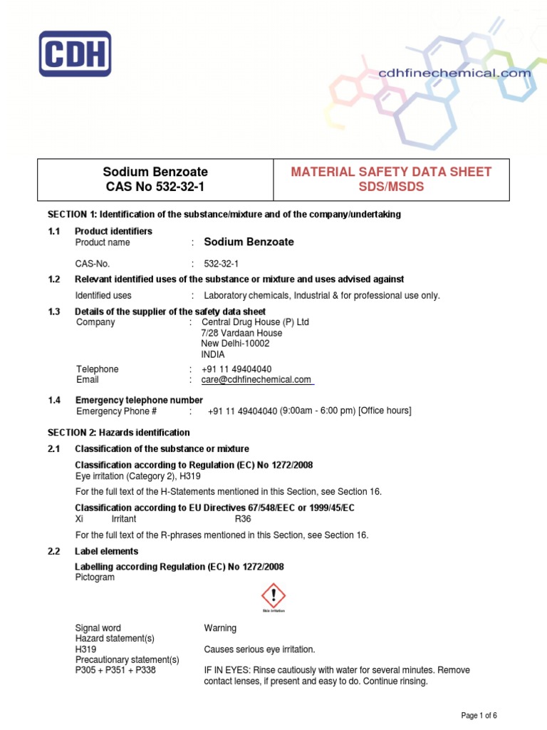 Msds Na Benzoat | PDF | Dangerous Goods | Personal Protective Equipment