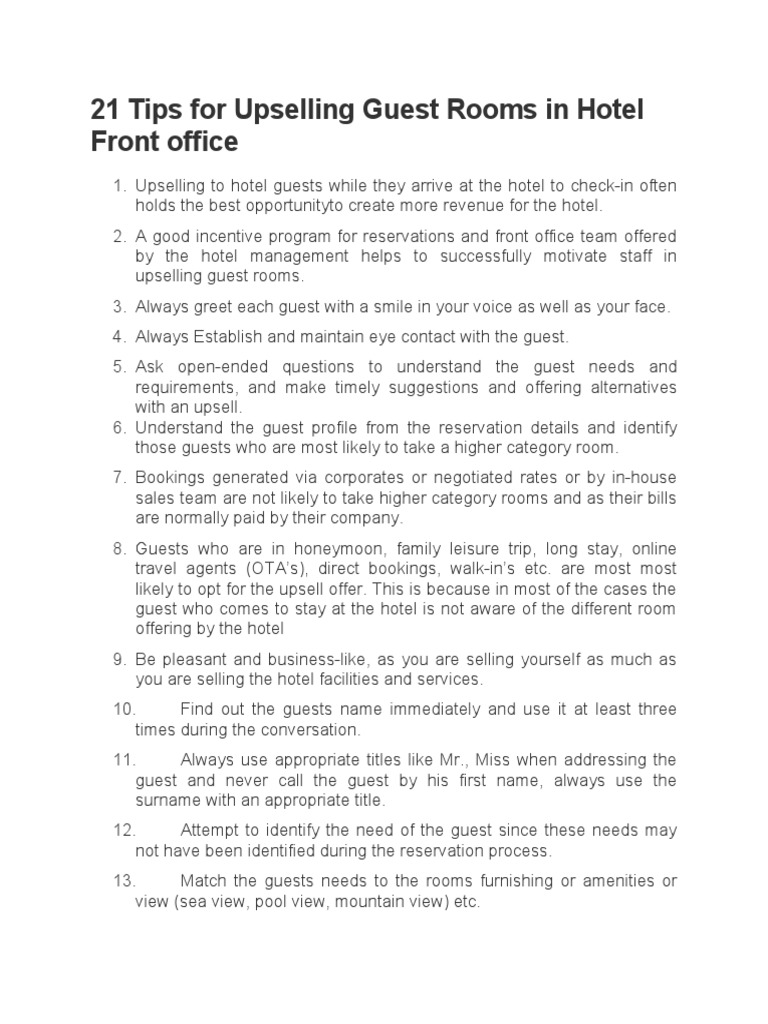 21 Tips For Upselling Guest Rooms in Hotel Front Office | PDF | Hotel ...
