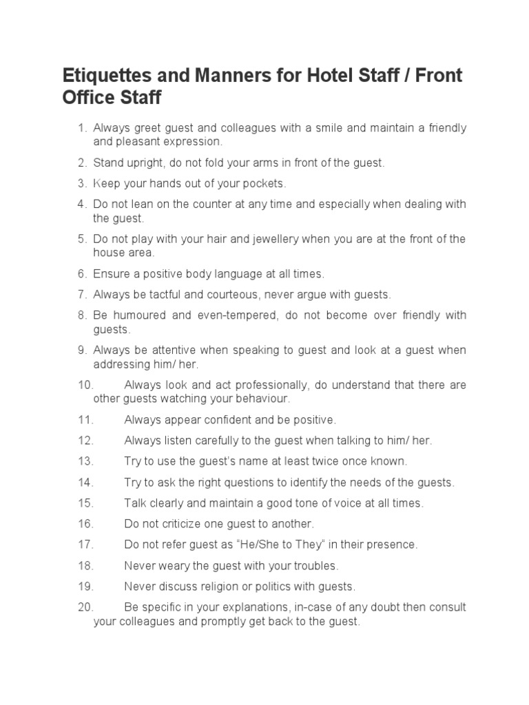 Etiquettes and Manners For Hotel Staff | PDF | Etiquette | Body Language