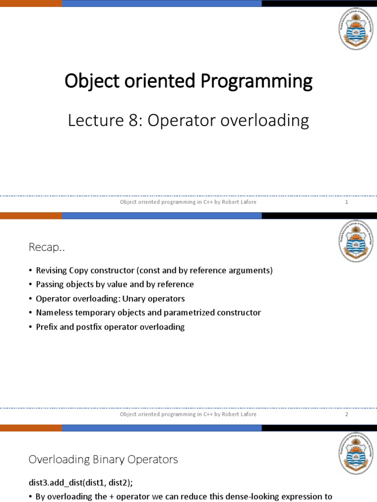 Object Oriented Programming Lecture 8 Operator Overloading Pdf Software Engineering 
