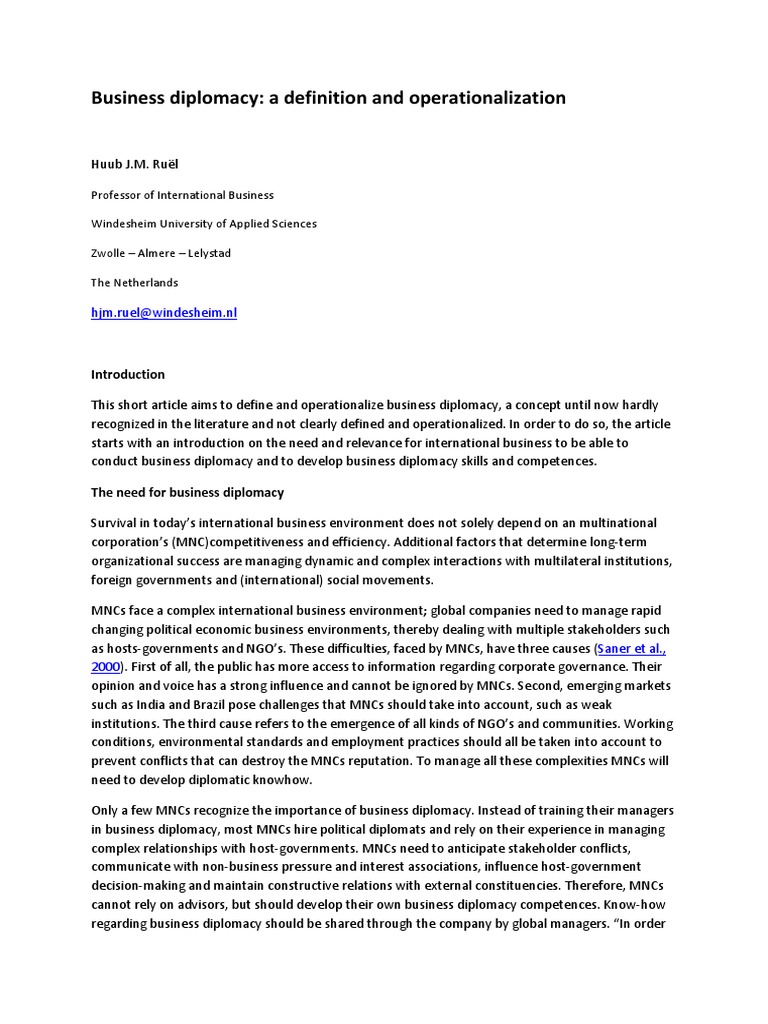 Business Diplomacy: A Definition and Operationalization: HJM - Ruel ...