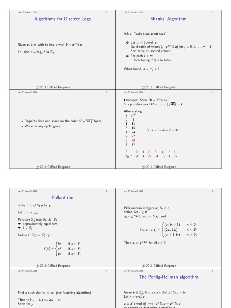 Algorithms For Discrete Logs Shanks' Algorithm: C 2011 Clifford Bergman ...
