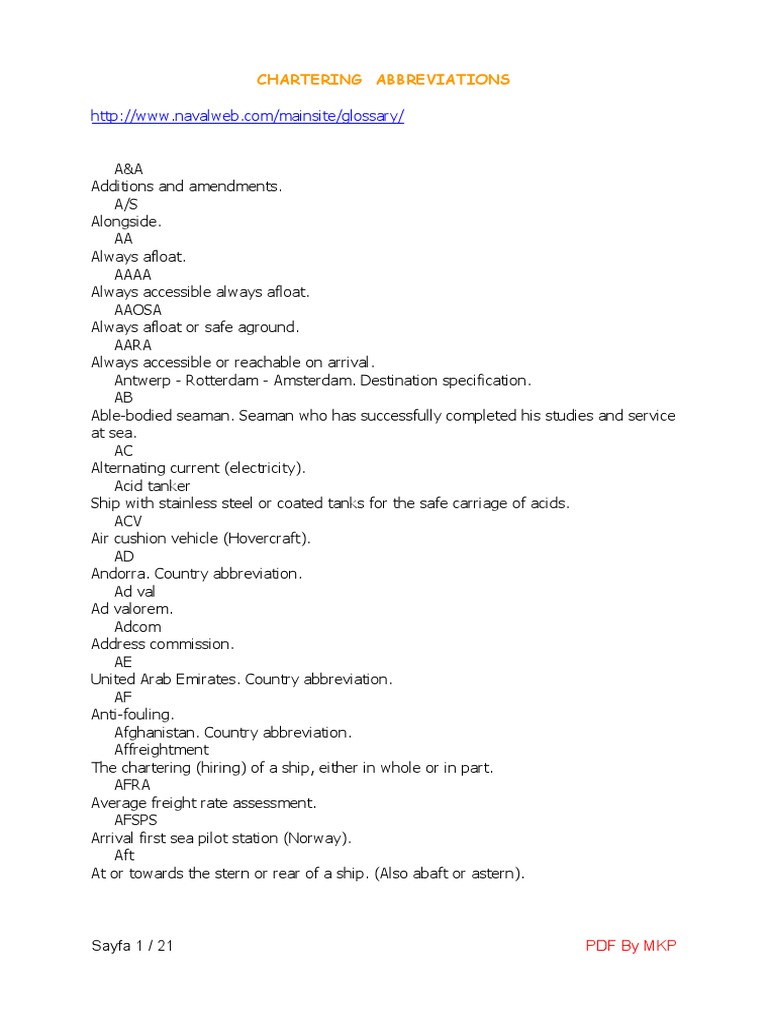 Chartering Abbreviations Guide | PDF | Tonnage | Oil Tanker