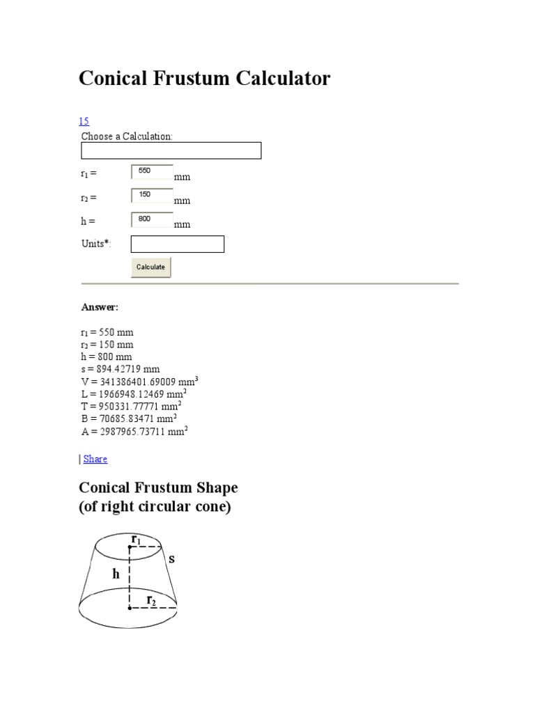 Conical Frustum Calculation Guide | PDF | Area | Geometry