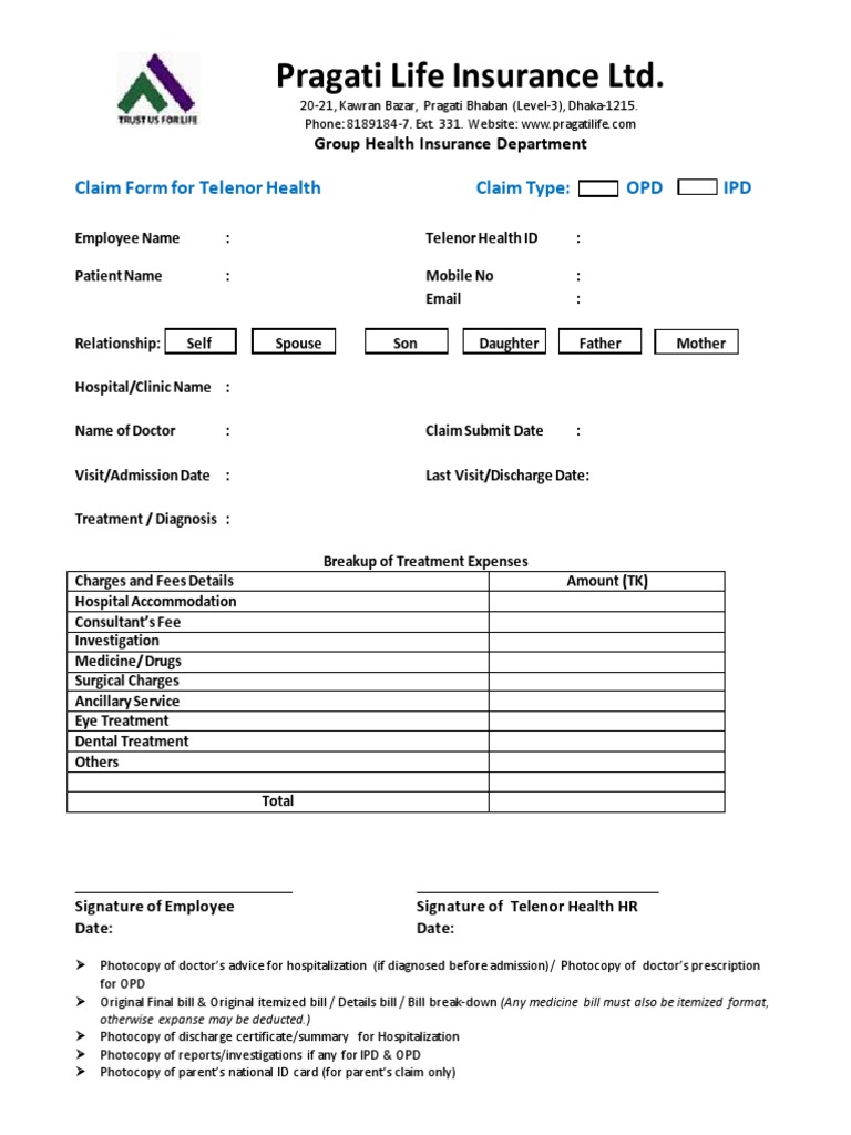 Pragati Life Insurance LTD.: Claim Form For Telenor Health Claim Type: Opd Ipd | PDF