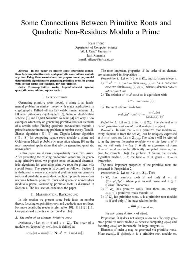 Some Connections Between Primitive Roots and Quadratic Non-Residues Modulo A Prime | PDF | Prime ...