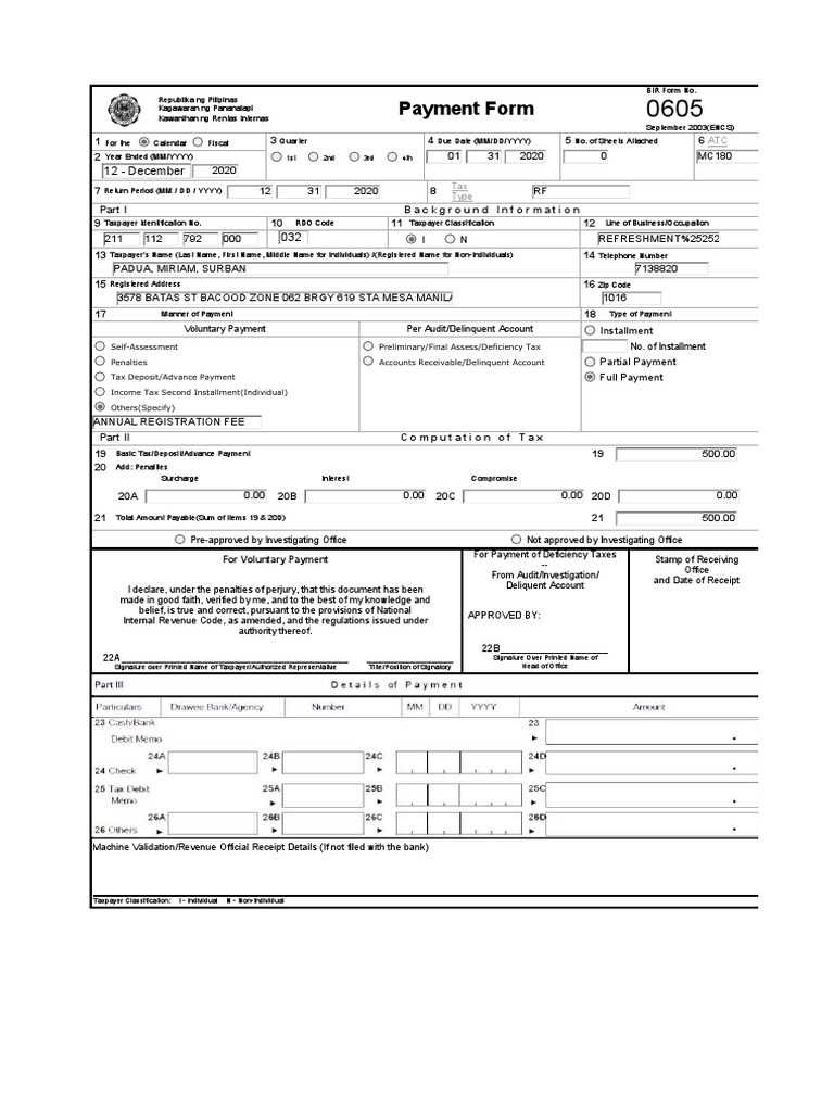 BIR Form 0605 Payment Guide 2020 | PDF | Taxpayer | Taxes