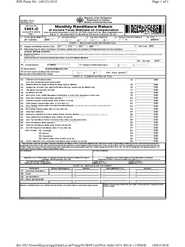 1601-C Monthly Remittance Return: of Income Taxes Withheld On ...