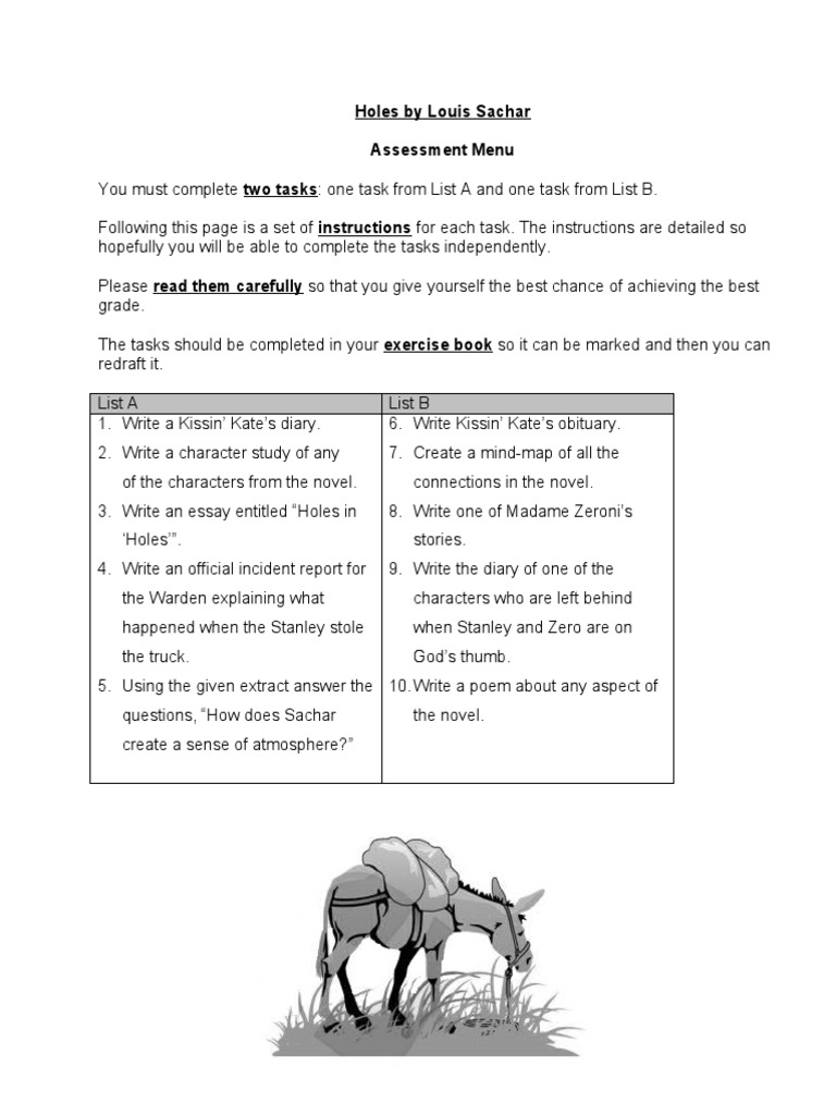 Holes by Louis Sachar Assessment Menu | PDF