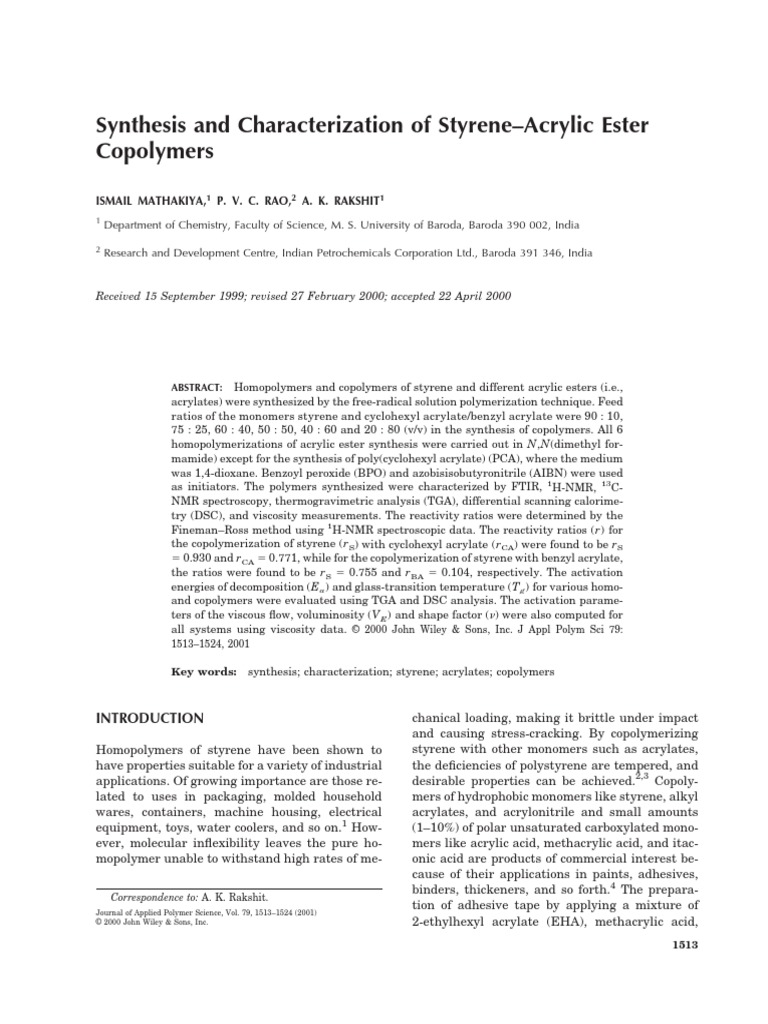 Synthesis and Characterization of Styrene-Acrylic Ester Copolymers | Download Free PDF ...