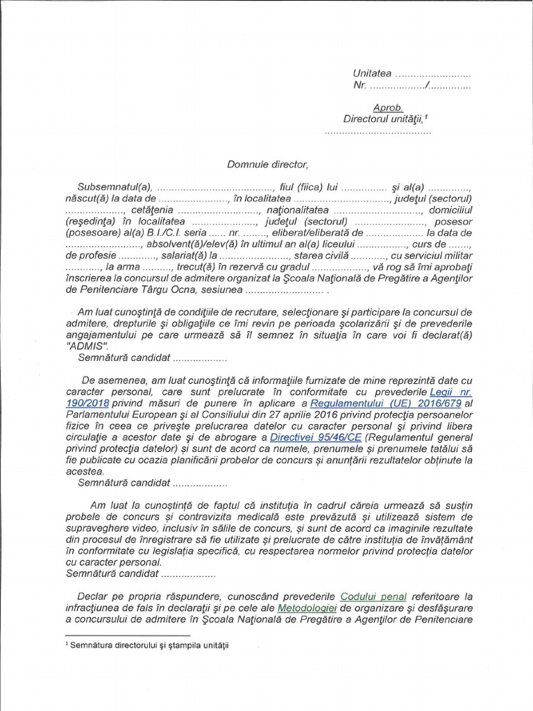 Model Cerere Înscriere SNPAP TG OCNA PDF | PDF