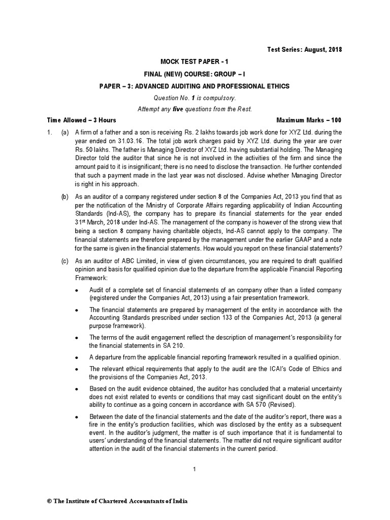 Test Series: August, 2018 Mock Test Paper - 1 Final (New) Course: Group ...