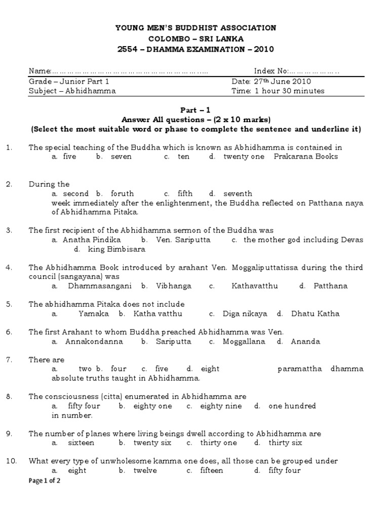 Junior Part 1 Abhidhamma Exam 2010 | PDF | Gautama Buddha | Buddhist ...