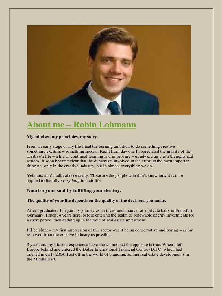 About Me - Robin Lohmann: My Mindset, My Principles, My Story | PDF ...