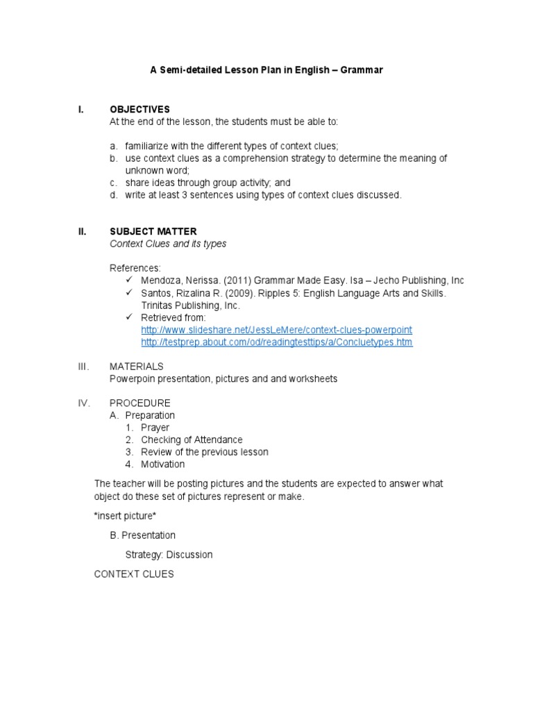 A Semi-Detailed Lesson Plan in English - Grammar: Context Clues and Its ...