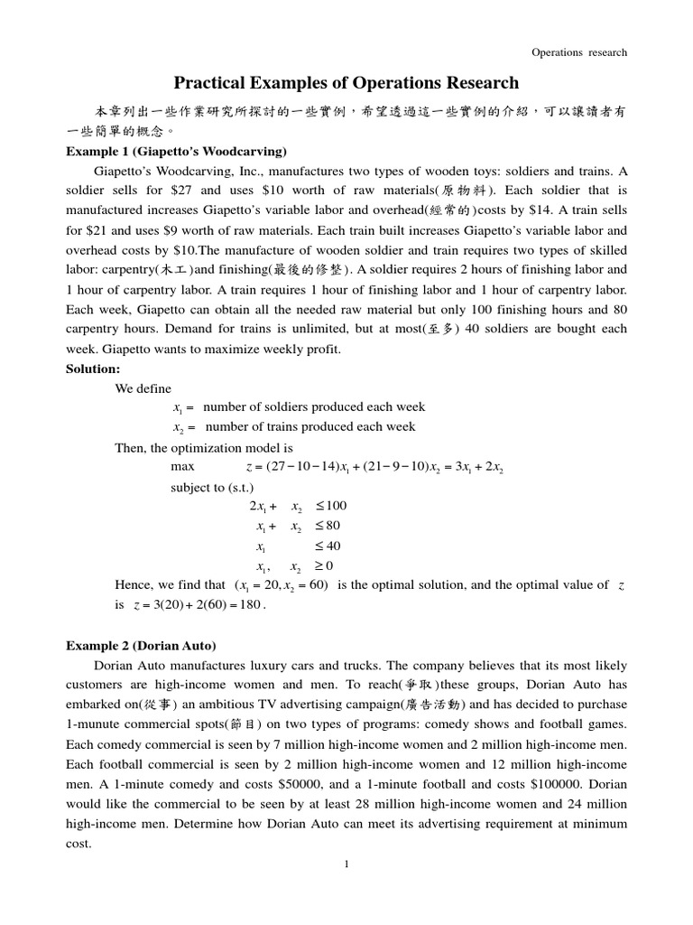 Practical Examples of Operations Research: Example 1 (Giapetto' S ...