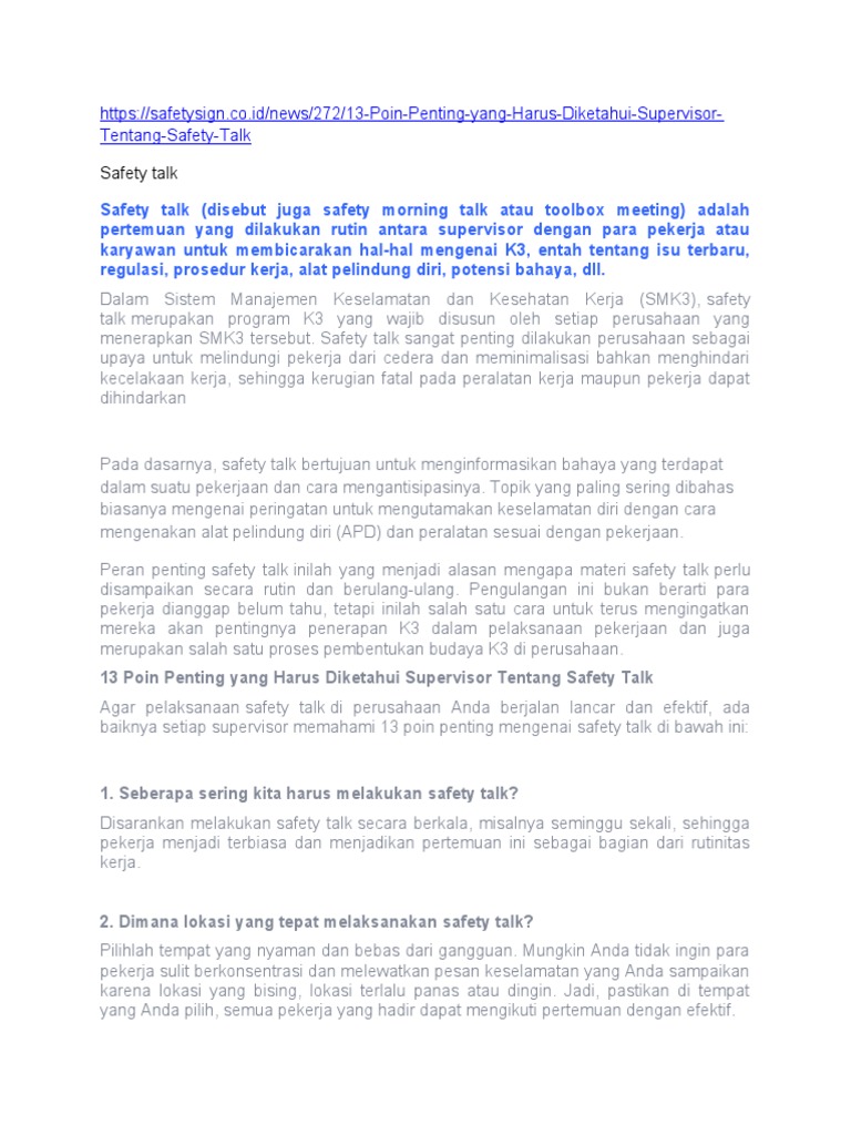 Safety Talk Atau Meeting | PDF